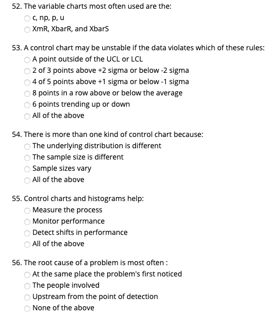 Solved 52. The variable charts most often used are the: C, | Chegg.com