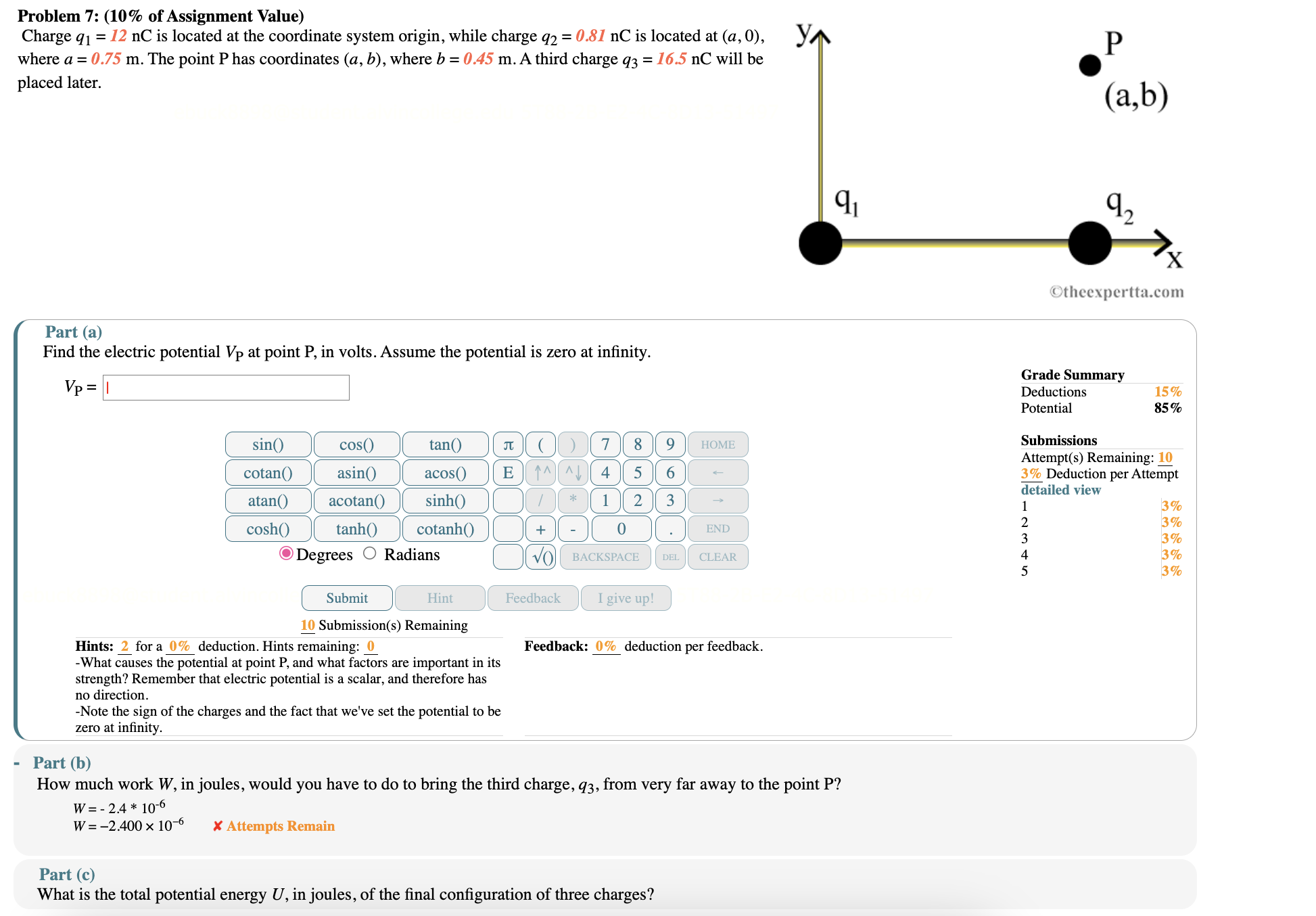 Solved Problem 7: (10% ﻿of Assignment Value)Charge q1=12nC | Chegg.com