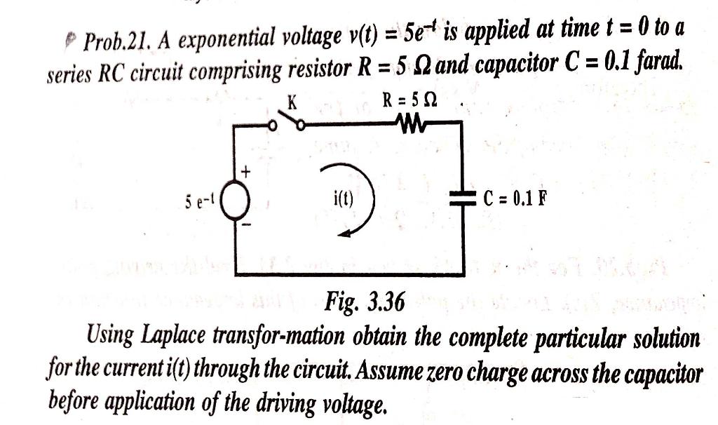 Solved Prob.21. A exponential voltage v(t) = 5e+ is applied | Chegg.com