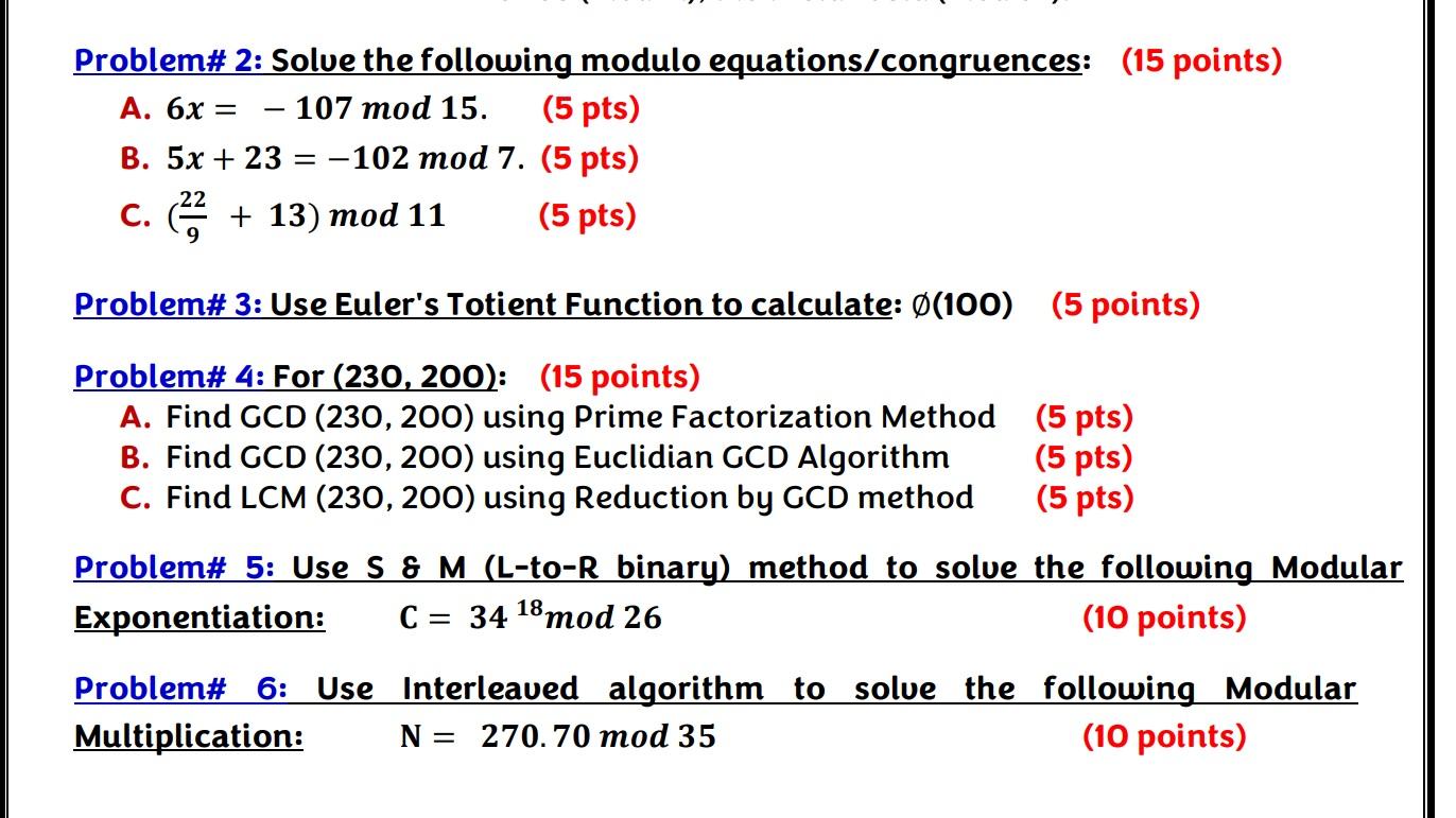 Solved Problem# 2: Solve the following modulo | Chegg.com