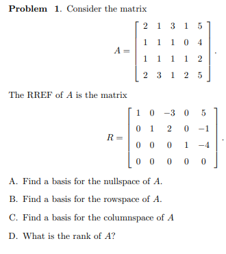 Solved Problem 1. Consider the matrix [ 2 1 3 1 51 1 110 4 A | Chegg.com
