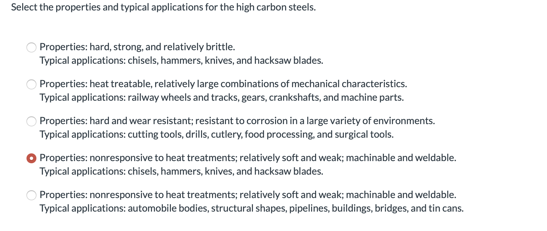 Solved Select the properties and typical applications for | Chegg.com
