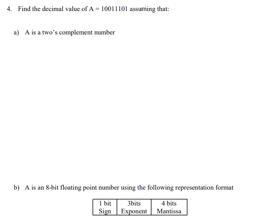 Solved 4. Find the decimal value of A = 10011101 assuming | Chegg.com