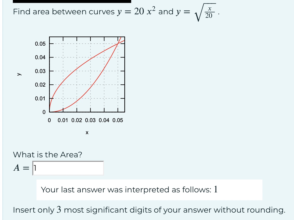 Solved Find area between curves y=20x2 ﻿and y=x202.xWhat is | Chegg.com