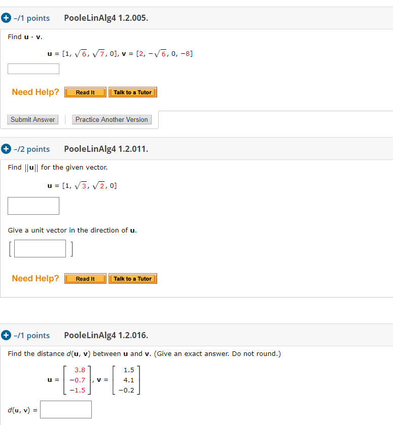 Solved +-/1 points PooleLinAlg4 1.2.005. Find u. v. u = [1, | Chegg.com