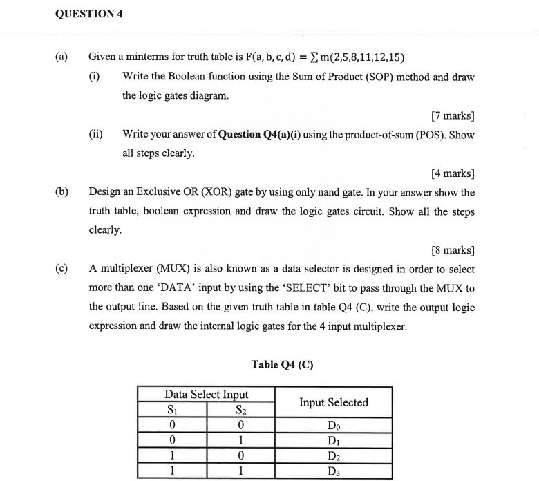 Solved QUESTION 4 (a) (b) Given a minterms for truth table | Chegg.com
