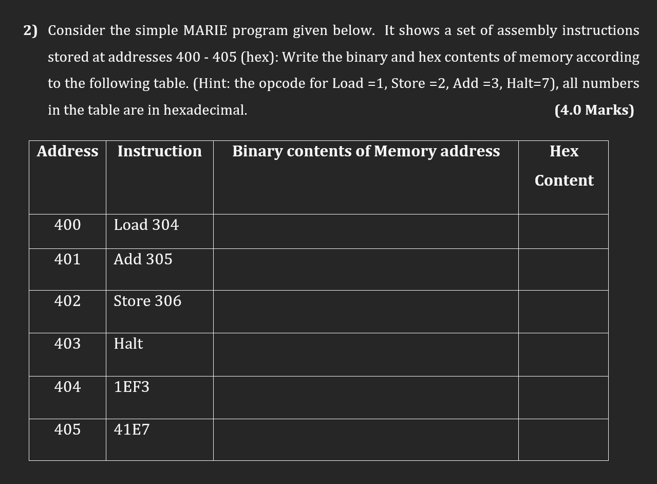 Solved Consider the simple MARIE program given below. It | Chegg.com