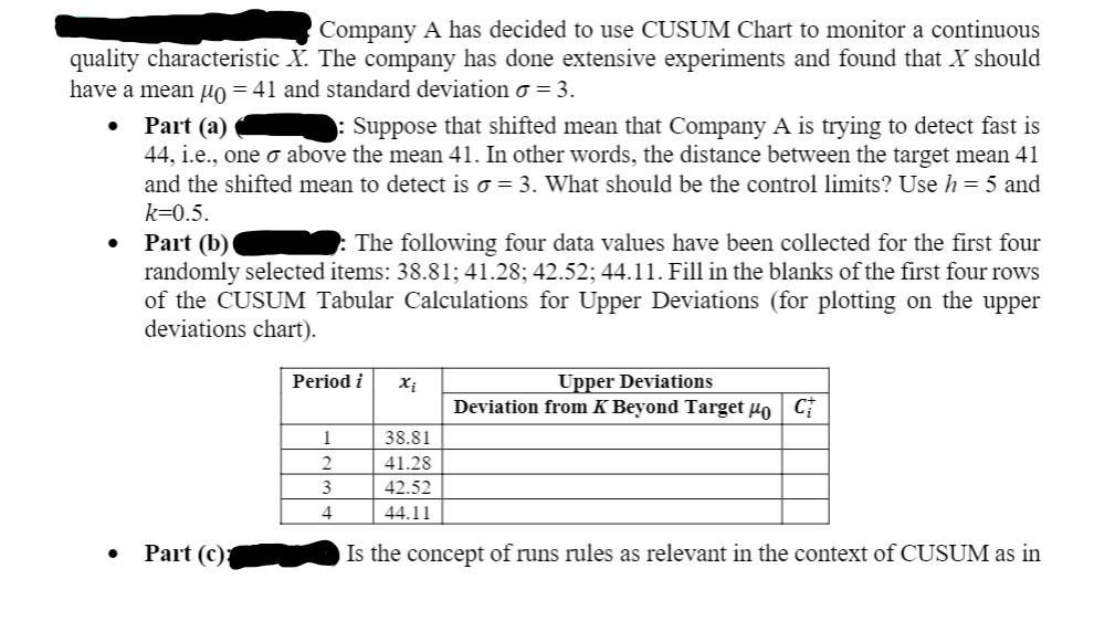 Solved . Part (a) Company A has decided to use CUSUM Chart | Chegg.com