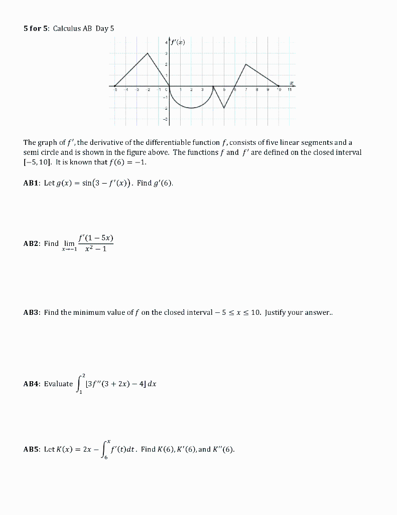 Solved 5 for 5: Calculus AB Day 5 an 11 The graph of f', the | Chegg.com