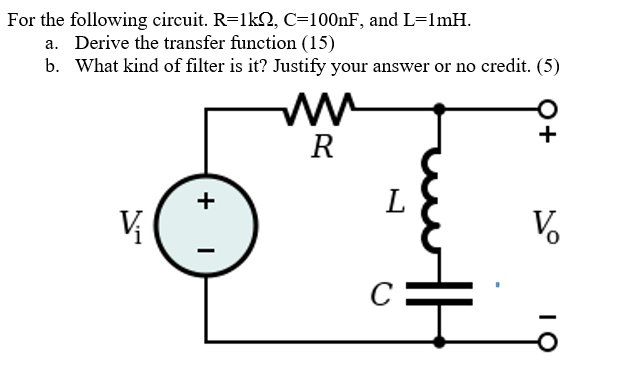 Solved For the following circuit. R=1k2, C=100nF, and L=1mH. | Chegg.com