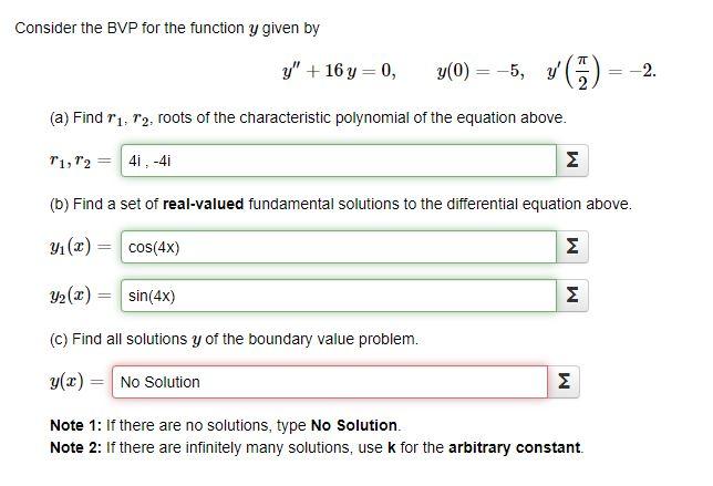 Solved Consider the BVP for the function y given by y" + 16 | Chegg.com