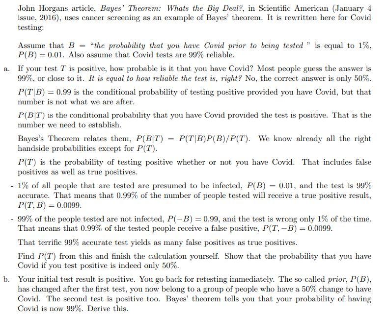 Solved John Horgans article, Bayes' Theorem: Whats the Big | Chegg.com