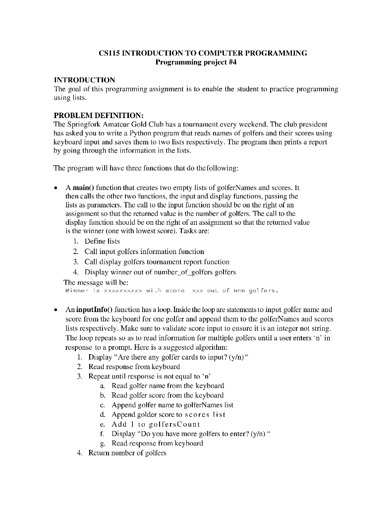 Solved CS115 INTRODUCTION TO COMPUTER PROGRAMMING | Chegg.com