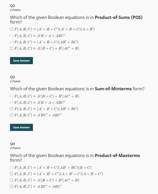 Solved Q2 2 Points Which of the given Boolean equations is | Chegg.com