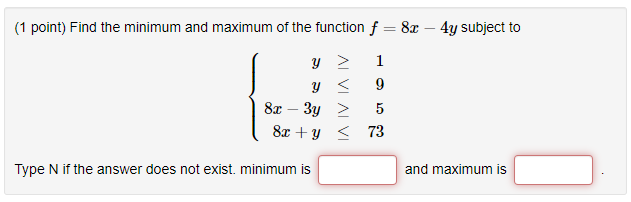 Solved (1 point) Find the minimum and maximum of the | Chegg.com