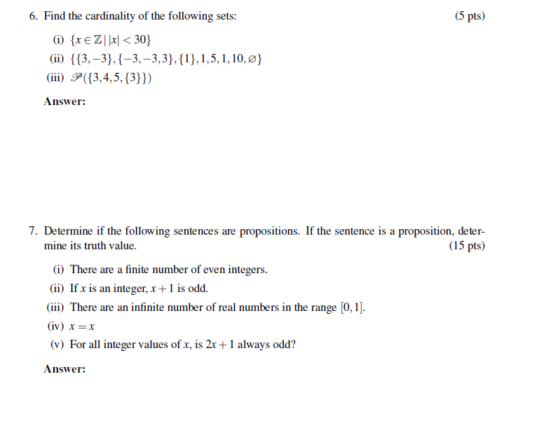 Solved 6. Find the cardinality of the following sets: (5 | Chegg.com