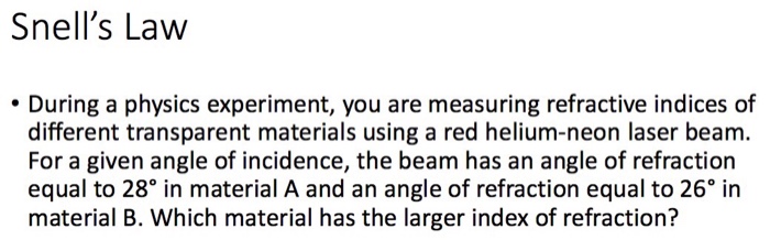 Solved Snell's Law During a physics experiment, you are | Chegg.com