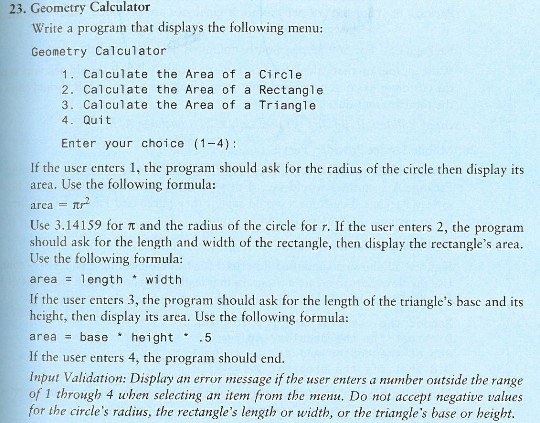 Solved 23. Geometry Calculator Write a program that displays | Chegg.com
