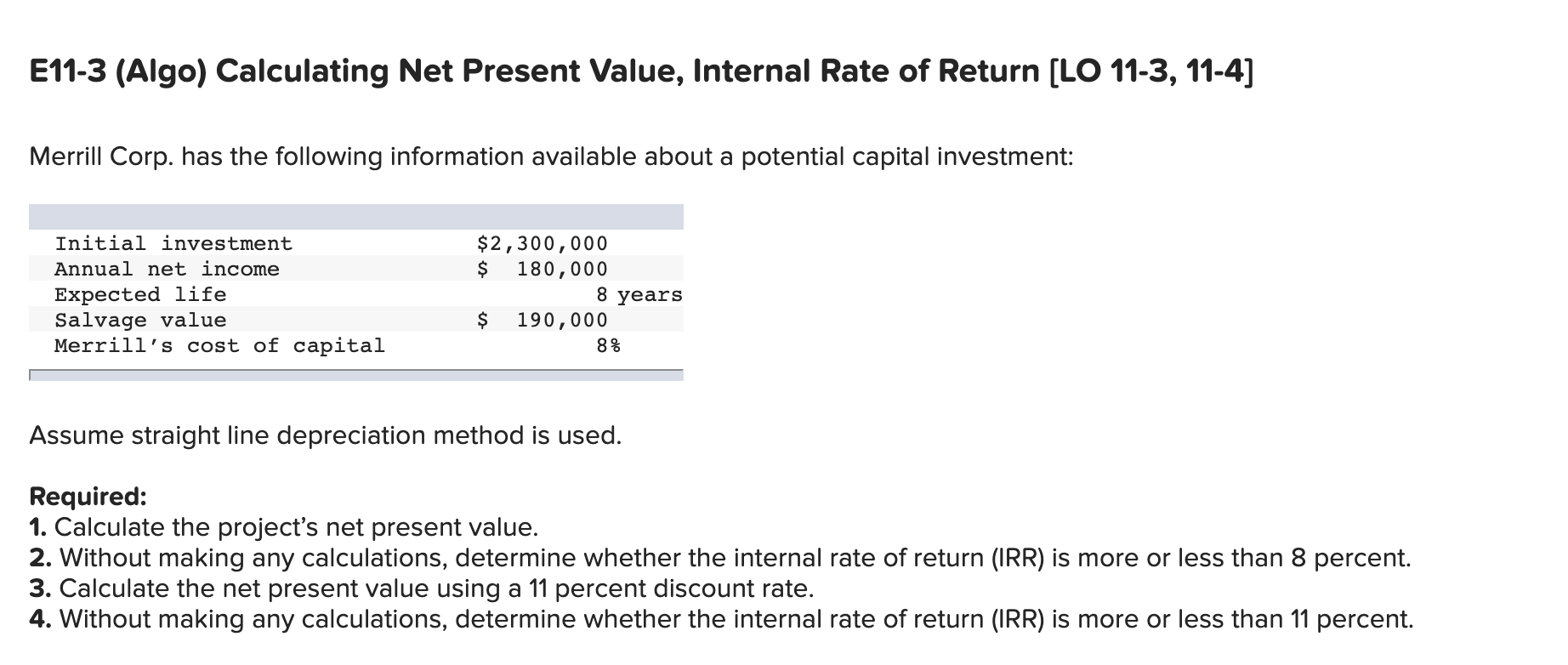 Solved E11-3 (Algo) Calculating Net Present Value, Internal | Chegg.com