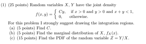 Solved (1) (25 points) Random variables X, Y have the joint | Chegg.com