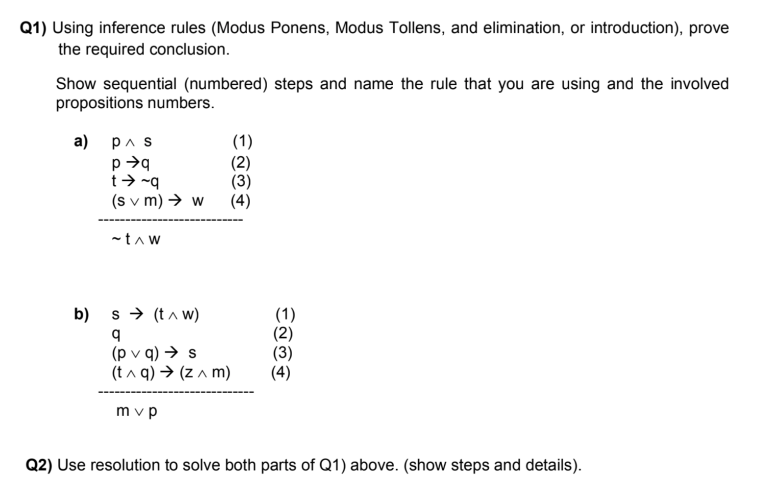 Q1) Using inference rules (Modus Ponens, Modus | Chegg.com