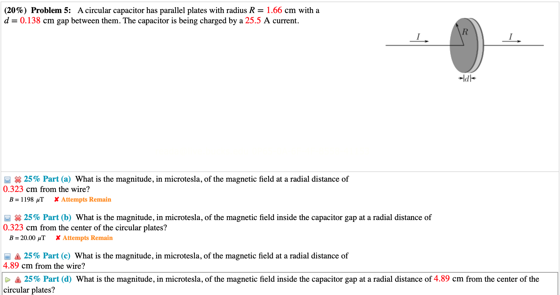 Solved (20\\%) Problem 5: A circular capacitor has parallel | Chegg.com