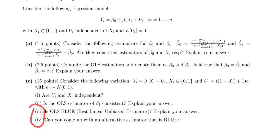 Solved Consider The Following Regression Model Y Bo 0769