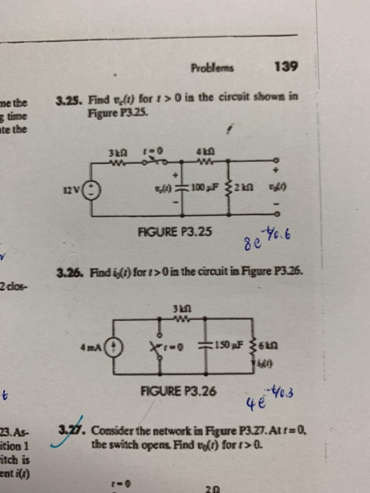 Solved Problems 139 3.25. Find vlt) for t>0 in the circuit | Chegg.com
