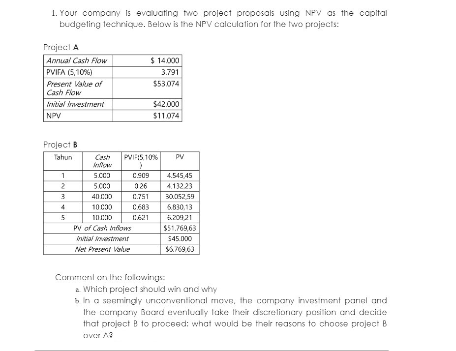 Solved 1. Your company is evaluating two project proposals | Chegg.com
