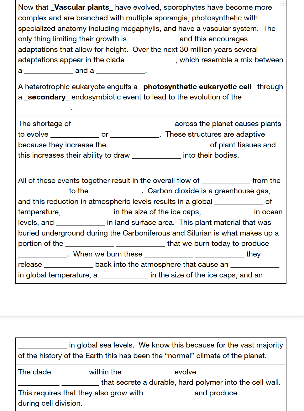 land plant evolution big ideas --- fill in the blanks | Chegg.com