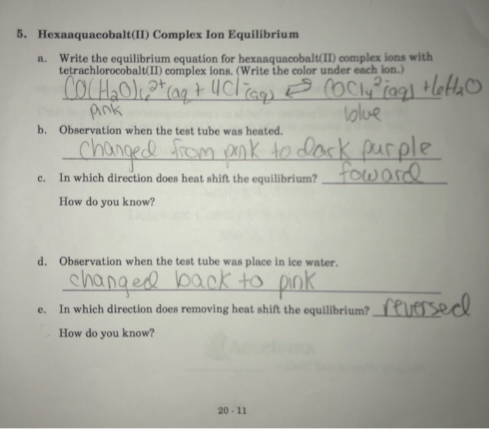 Solved 5. Hexaaquacobalt(II) Complex Ion Equilibrium Write | Chegg.com