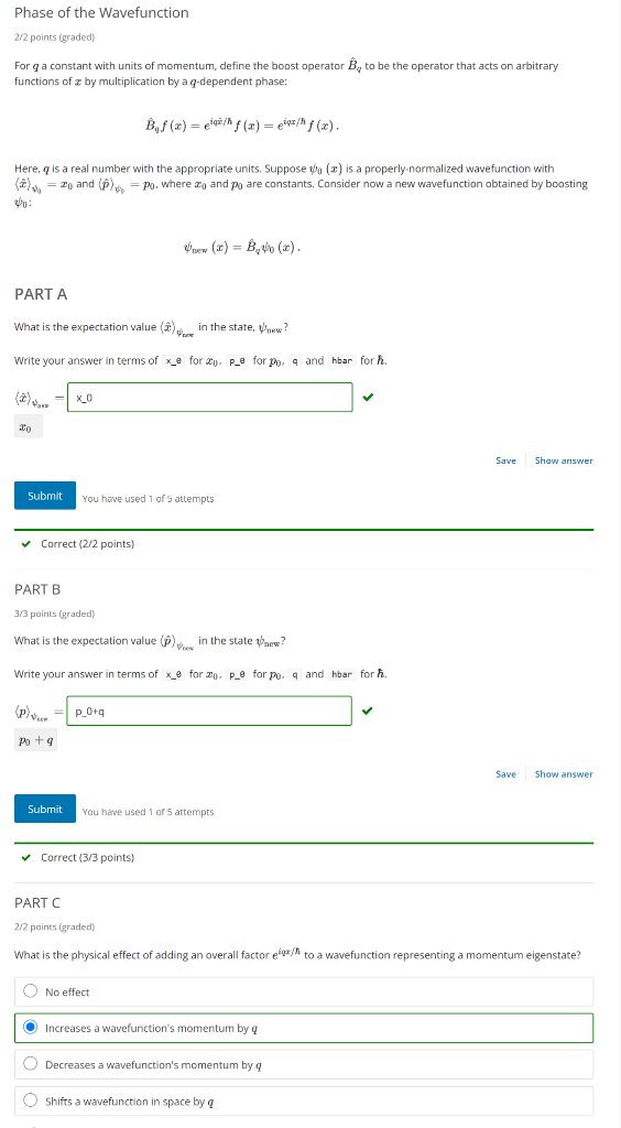 Solved Phase of the Wavefunction 2/2 points (graded) For q a | Chegg.com