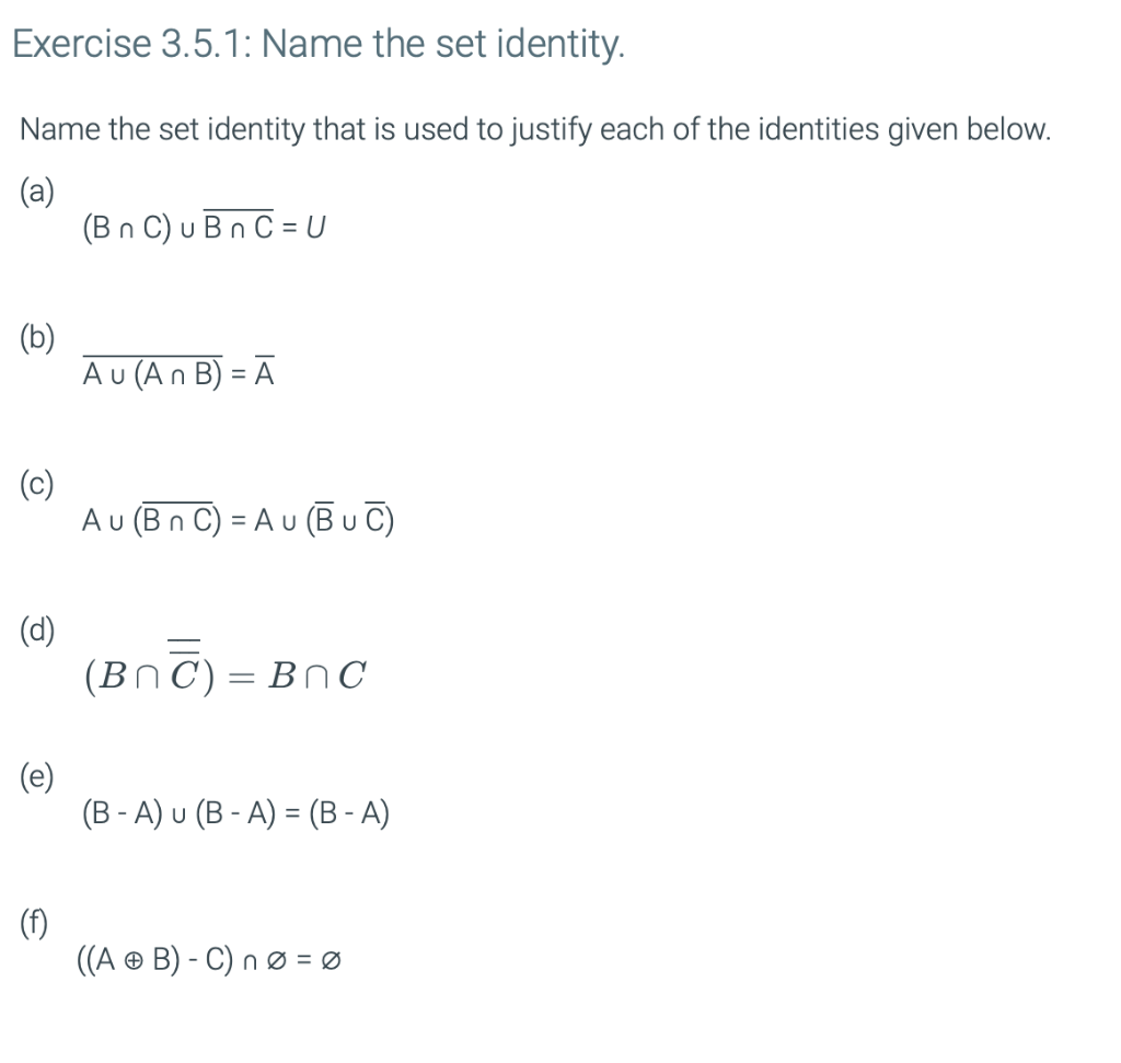 Solved Exercise 3.5.1: Name the set identity. Name the set | Chegg.com