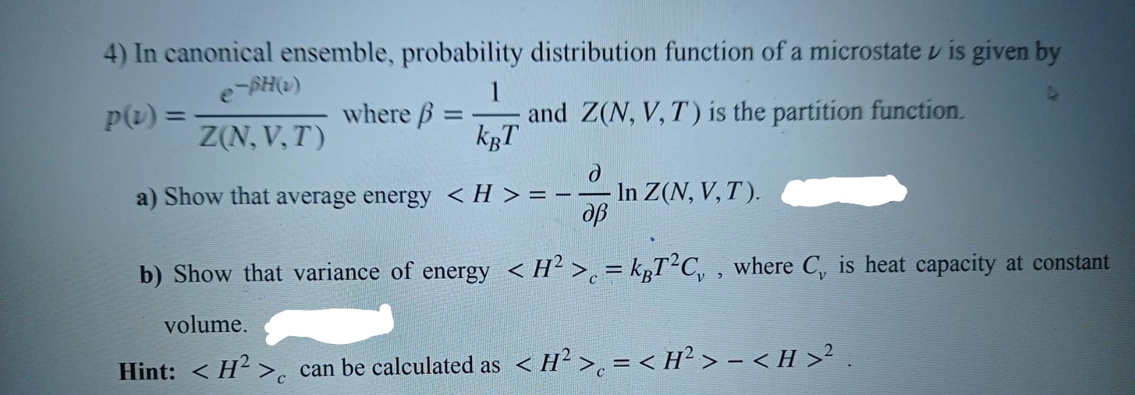 Solved 4) In canonical ensemble, probability distribution | Chegg.com