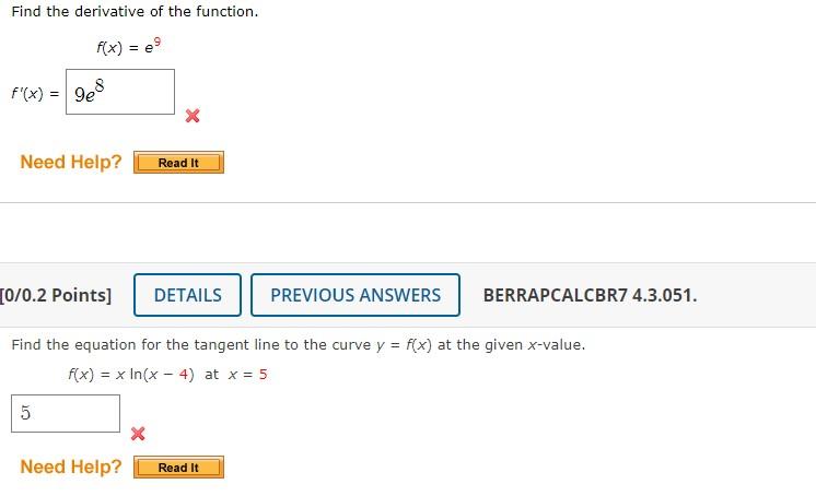 Solved Find The Derivative Of The Function F X 9e8 Need