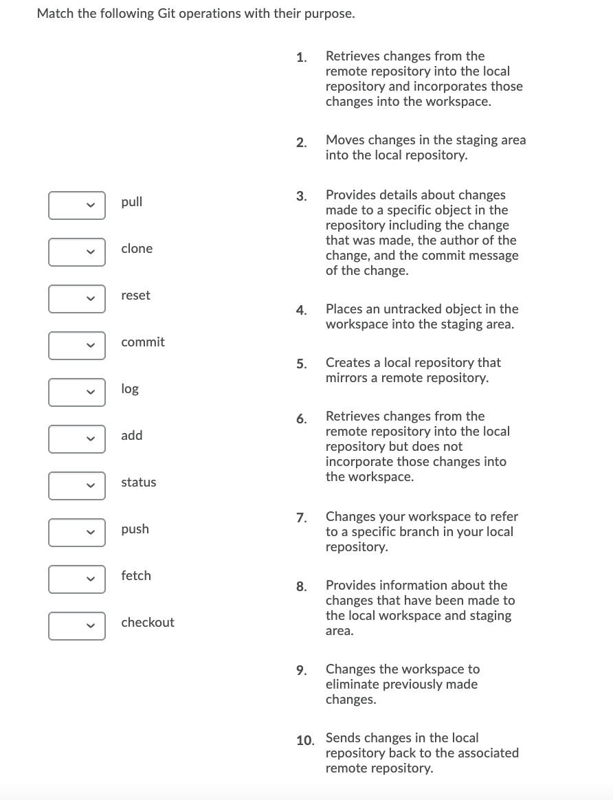 Solved Match the following Git operations with their | Chegg.com