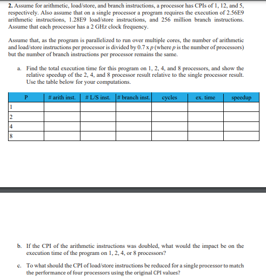 2. Assume for arithmetic, load/store, and branch | Chegg.com