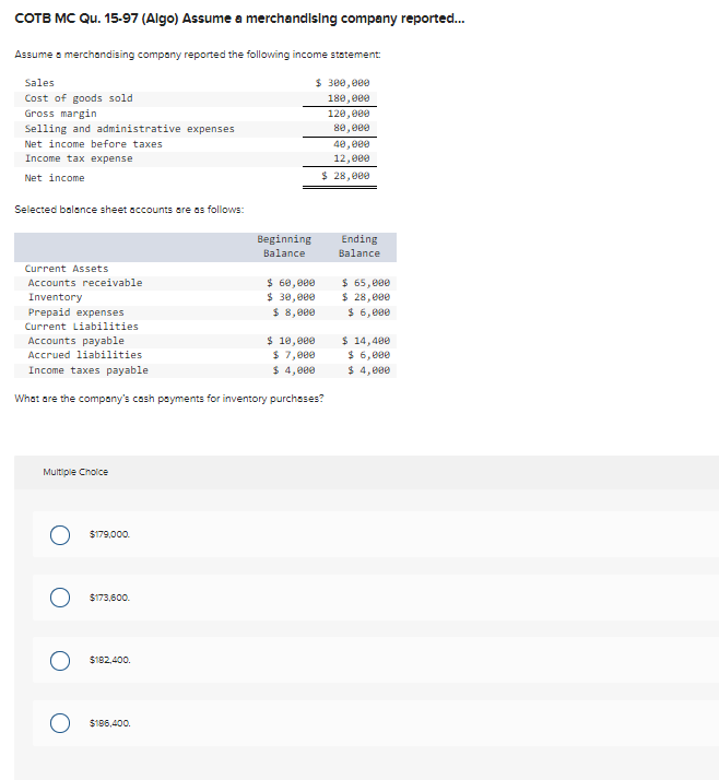 Solved COTB MC Qu. 15-97 (Algo) Assume a merchandlsing | Chegg.com
