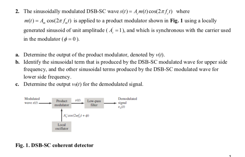 Solved 2. The sinusoidally modulated DSB-SC wave s(t)= A | Chegg.com
