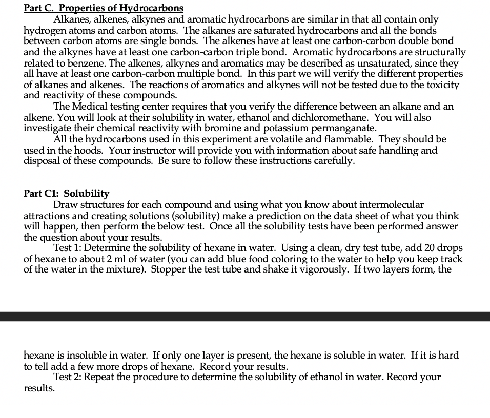 Solved Part C. Properties of Hydrocarbons Alkanes, alkenes, | Chegg.com