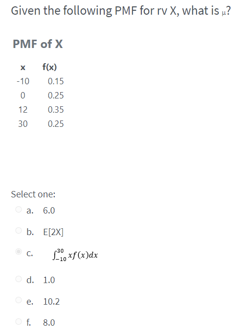 Solved Given the following PMF for rv X, what is u? PMF of X | Chegg.com