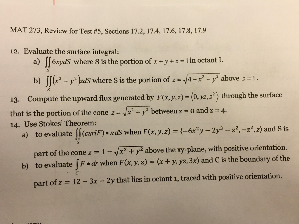 Solved MAT 273, Review for Test # 5, Sections 17.2, 17.4, | Chegg.com