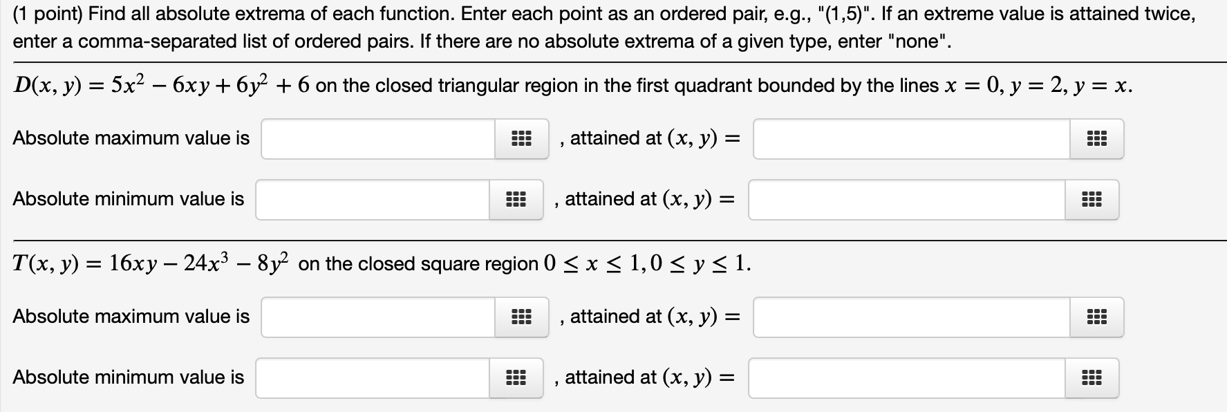 Solved (1 ﻿point) ﻿Find all absolute extrema of each | Chegg.com