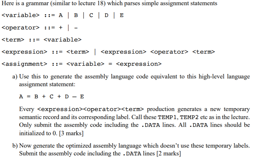 Here is a grammar (similar to lecture 18) which | Chegg.com