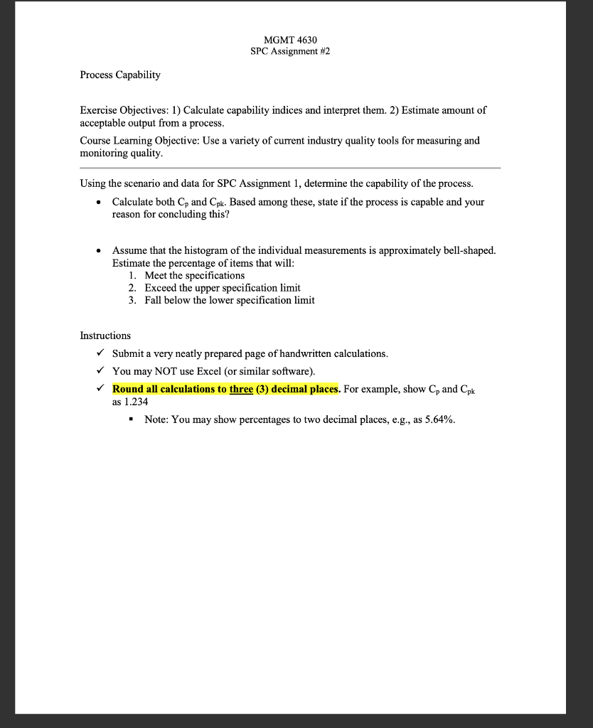MGMT 4630 SPC Assignment #2 Process Capability | Chegg.com