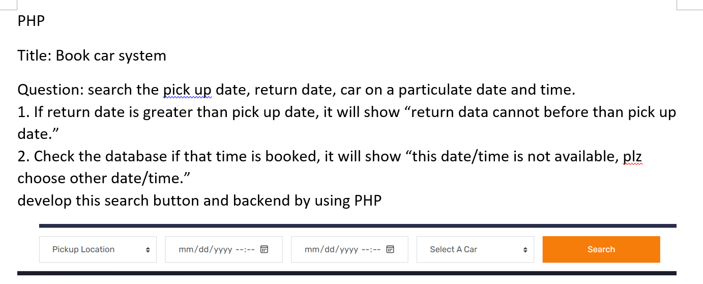 Solved PHP Title: Book car system Question: search the pick | Chegg.com
