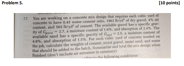 Solved Problem 5. [10 points] working on a concrete mix | Chegg.com