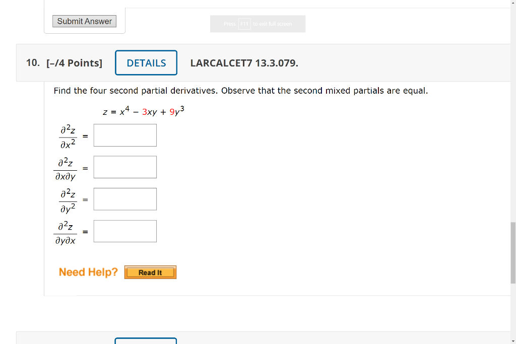 Solved Submit Answer 10. [-/4 Points] a²z ax² a²z əxəy Find | Chegg.com