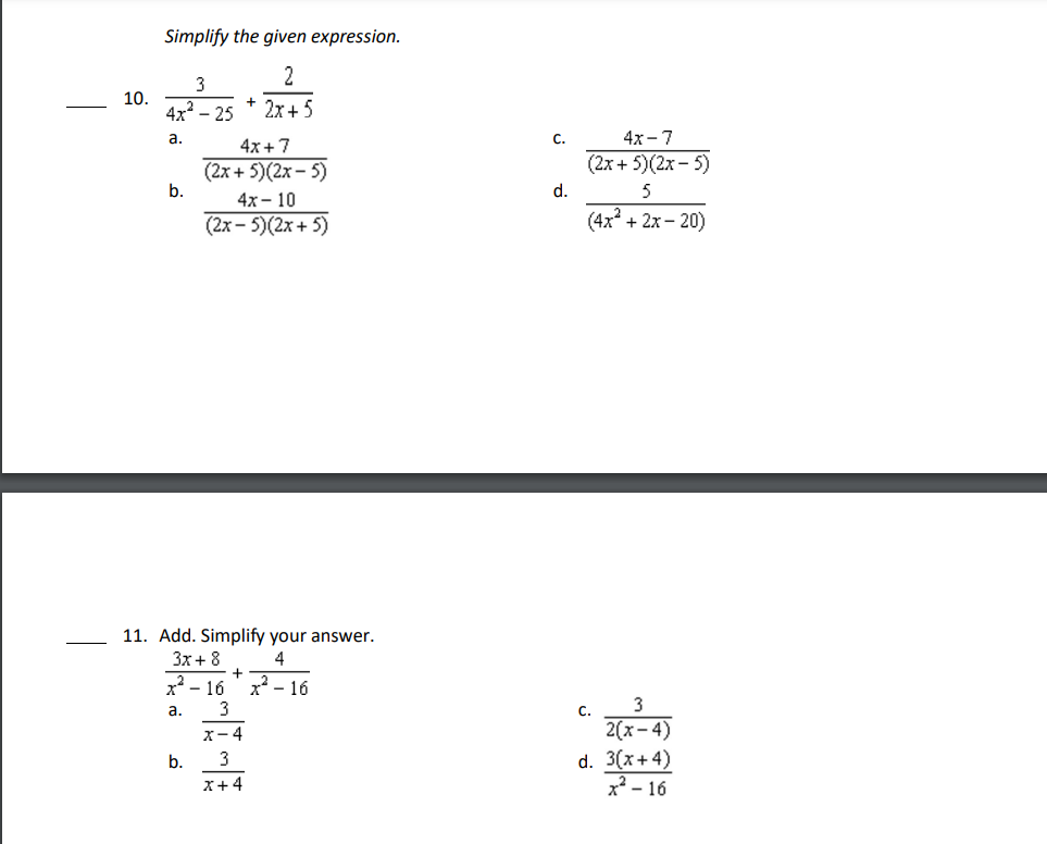 Solved Simplify the given expression. 10. 4x2−253+2x+52 a. | Chegg.com