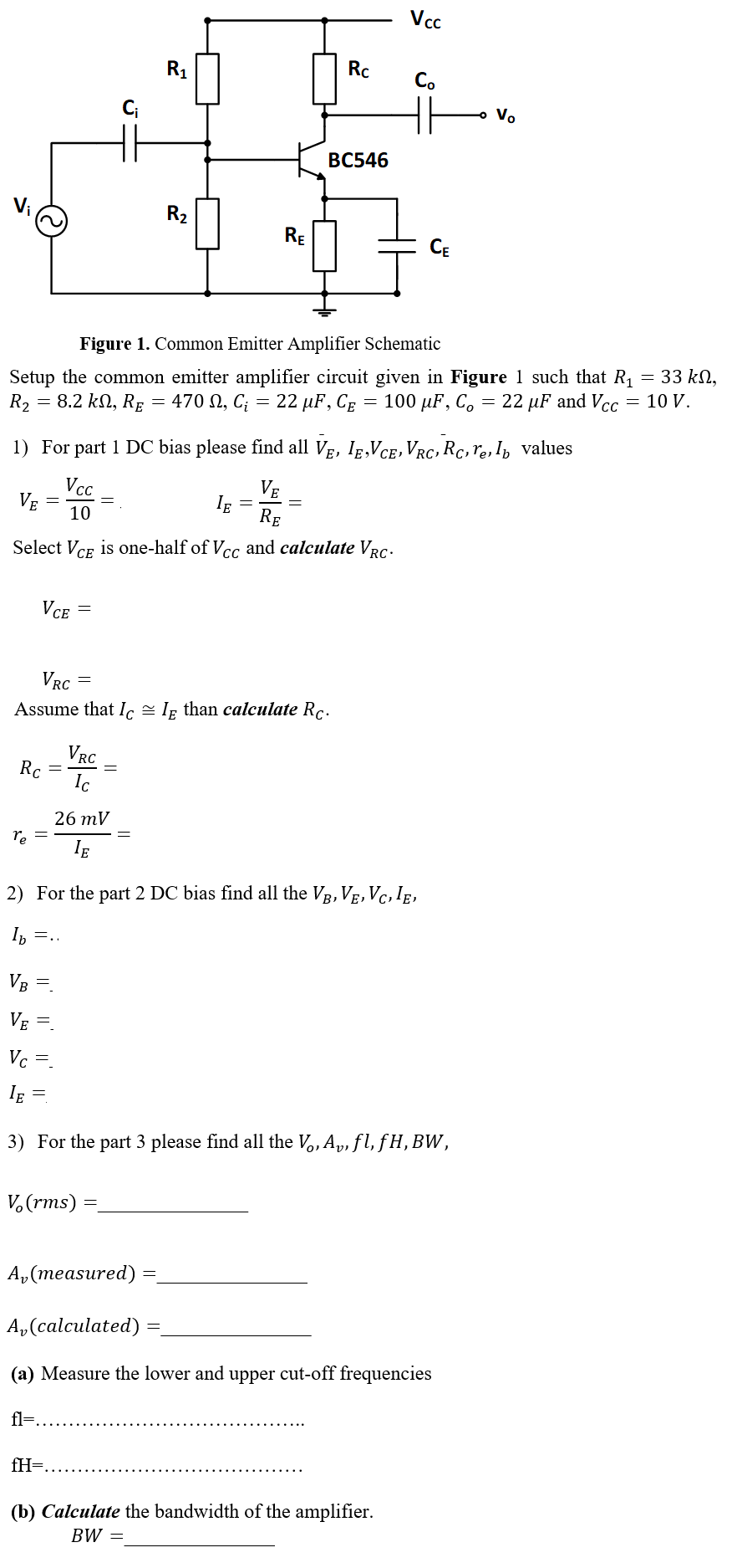 Solved Vec R1 Rc C. V. BC546 R2 RE Figure 1. Common Emitter | Chegg.com